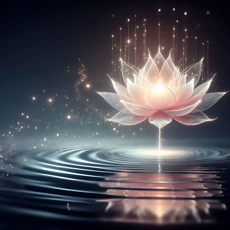 Radiant Lotus Made of Light Particles Over Dark Water Stock Photo ...