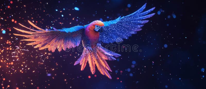 A Radiant Macaw Taking Flight, Surrounded by a Spectacle of Lights and ...