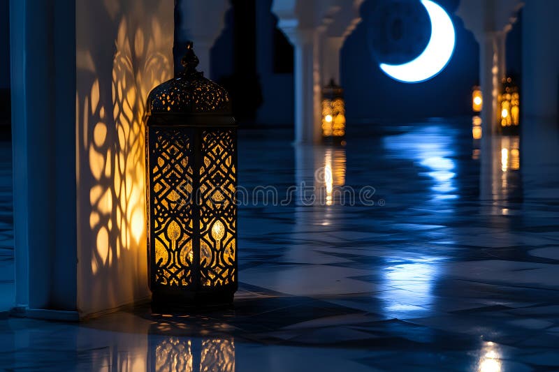 Radiant Mosque Corner Featuring Lanterns and Crescent Moonlight Stock ...