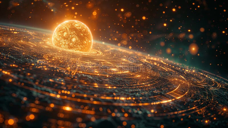 A Radiant Orb with Intricate Circuit Patterns Floats in Space, Emitting ...