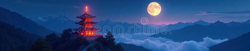 Radiant Pagoda Bathed in Moonlight, Dramatic Mountain Range, Cosmic ...
