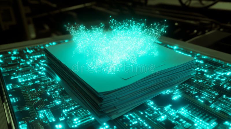 A Radiant Pile of Electronic Files Set Against a High-tech Backdrop ...