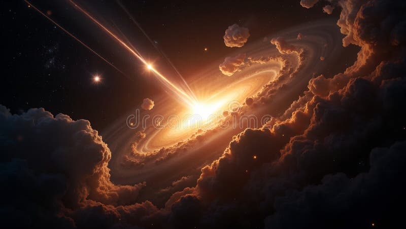 Radiant Quasar in Distant Galaxy with Energy Jets and Nebula Clouds ...