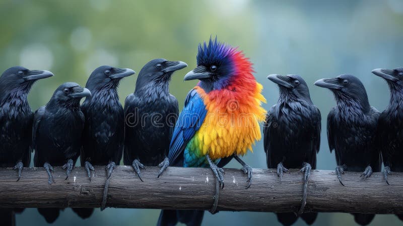 Radiant Rainbow Colored Bird Stands Out among Black Crows Stock ...