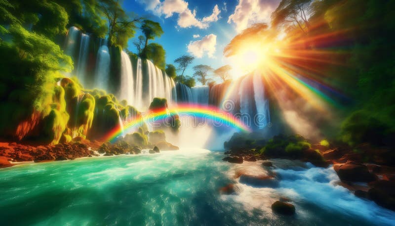 Radiant Rainbow Emerging from Waterfall, Creating Vibrant and Joyful ...