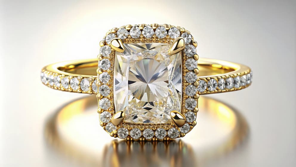 Radiant Rectangular Diamond Ring with Golden Band and Halo Setting ...
