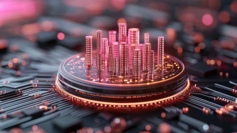 A Radiant Red Digital Cityscape Emerges from a Circular Platform ...