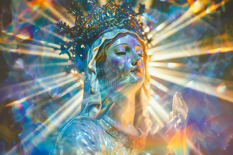 Radiant Religious Statue with Multicolored Light, Symbolizing Heavenly ...