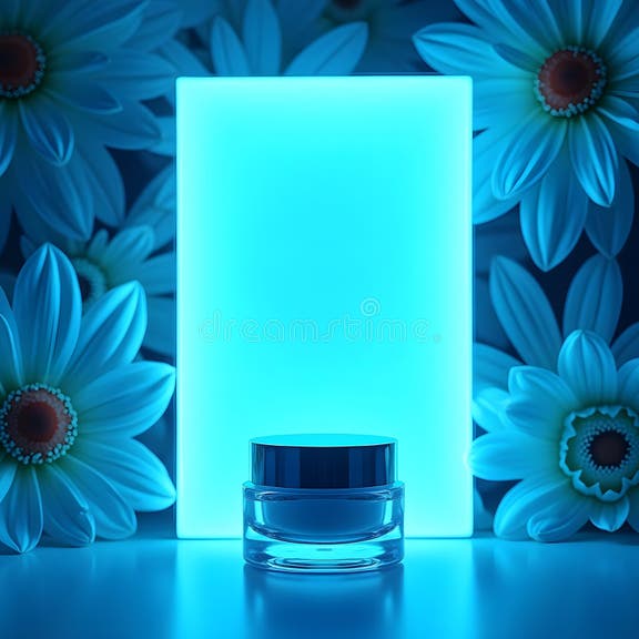 Luminous Cyan Flower Glow: Neon Lit Cosmetic Jar in Rectangular Frame ...