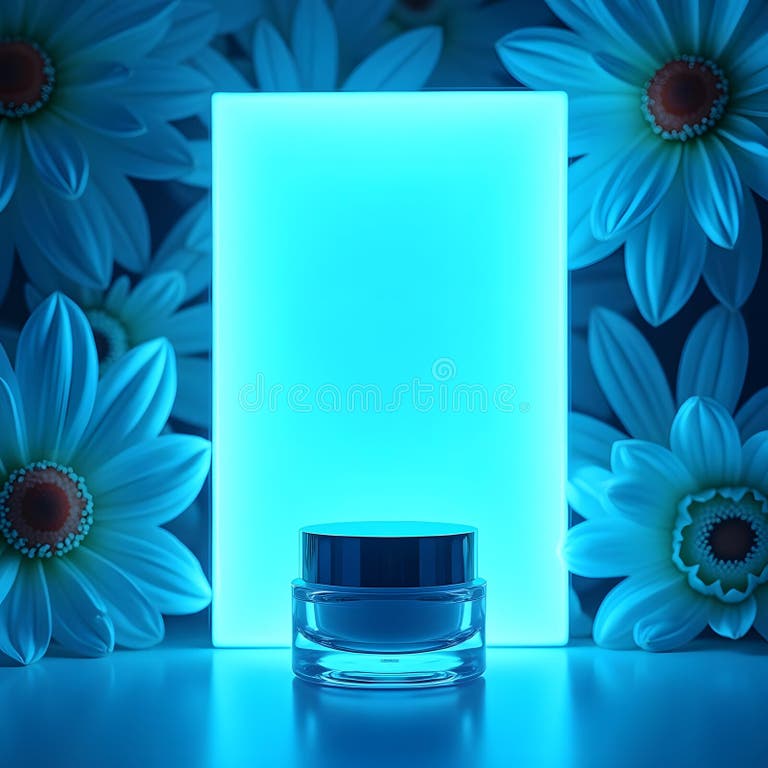 Luminous Cyan Flower Glow: Neon Lit Cosmetic Jar in Rectangular Frame ...