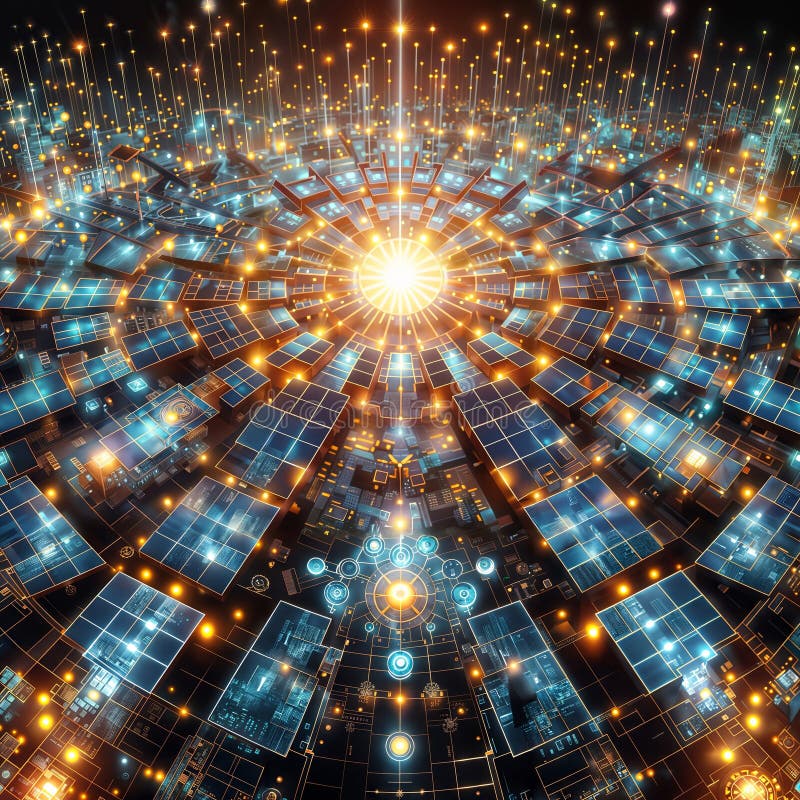 Abstract Background with Solar Panels and Rays of Light. 3D Rendering ...