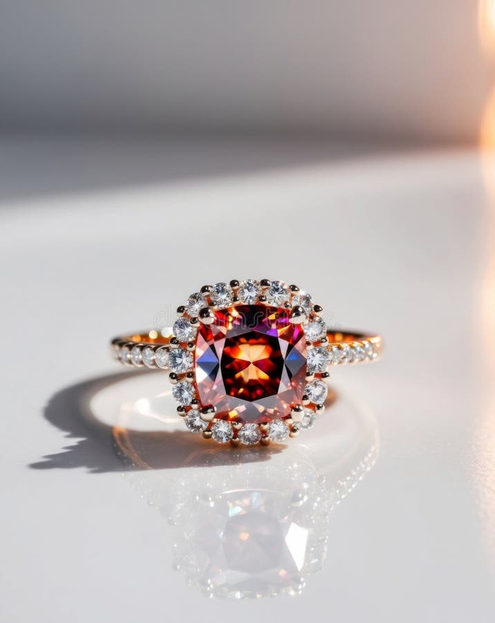 Radiant Sparkle - Elegant Ring with Central Gemstone and Diamonds Illuminated by Soft Light ...