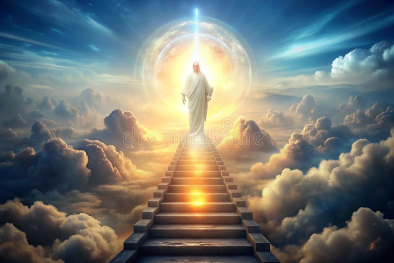 Radiant Steps Ascending To a Luminous Figure Under Celestial Light ...