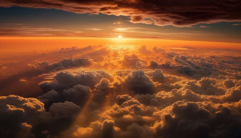 The Radiant Sun Sets Behind Fluffy Clouds Generated by AI Stock Photo ...