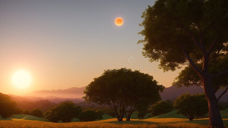 A Radiant Sun is Setting Over a Grassy Field with Trees AI Generative ...
