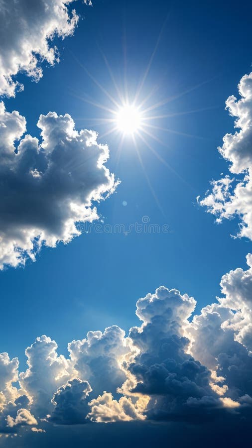 Radiant Sun Shining through Dramatic Fluffy Clouds in a Blue Sky Stock ...