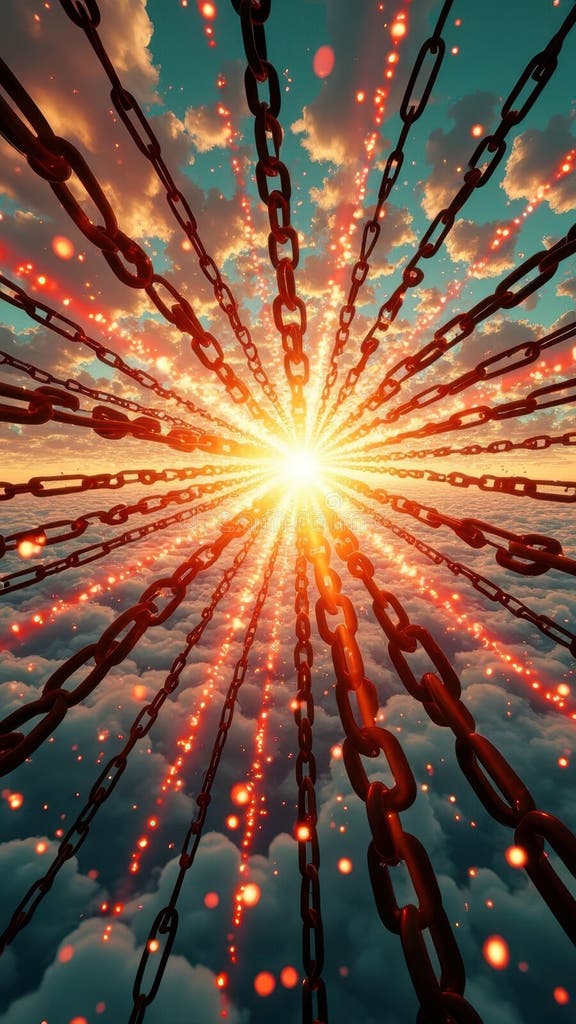 Radiant Sunrise through Chains Over Clouds and Fiery Particles Stock ...