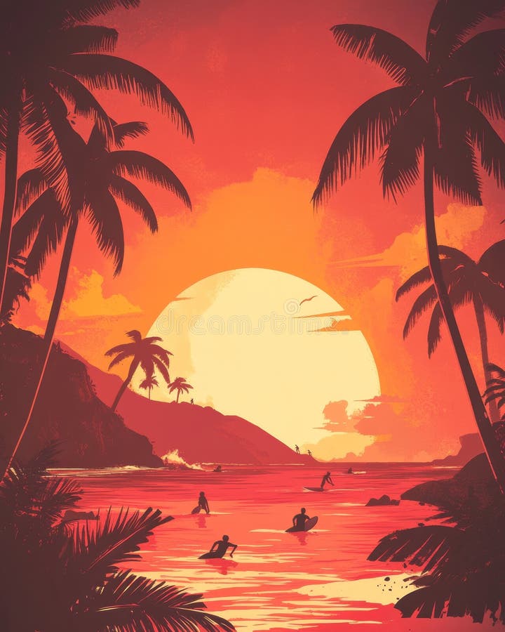 Radiant Sunset at the Beach with Surfers and Palm Trees Stock Photo ...