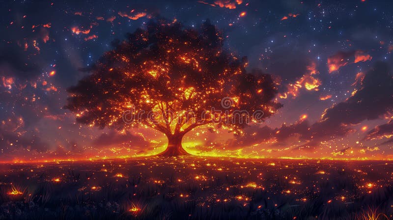 Radiant Tree Amidst Starry Night Sky Stock Illustration - Illustration ...