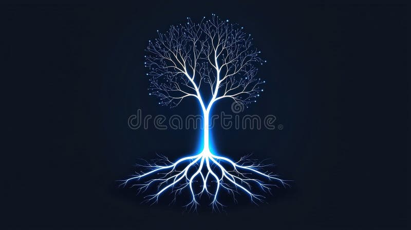 Radiant Tree with Blue Roots and Branches on Dark Background ...