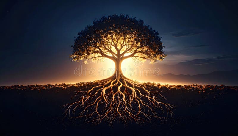 A Radiant Tree Glowing with Inner Light and Visible Roots, Symbolizing ...