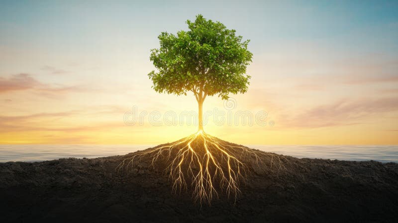 Radiant Tree with Glowing Roots Intertwining with the Warm Sunlight ...