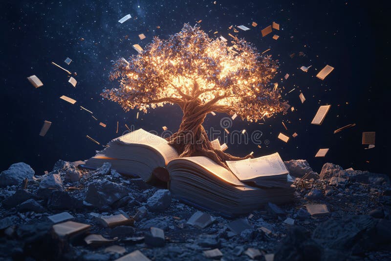 A Radiant Tree with Roots Embracing Books, Signifying Growth, Learning ...