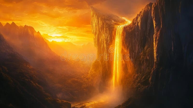 Radiant Waterfall Descends from Mountain Cliff at Golden Hour Stock ...