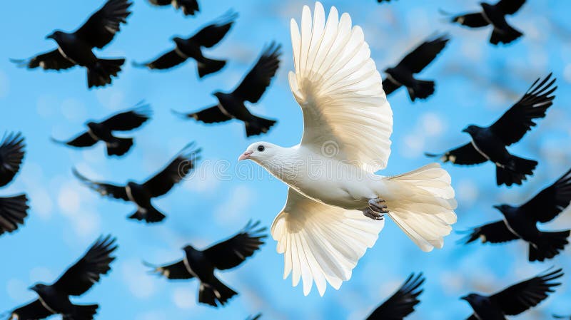 Radiant White Dove Flying among Black Ravens Symbolizes Peace and Hope ...