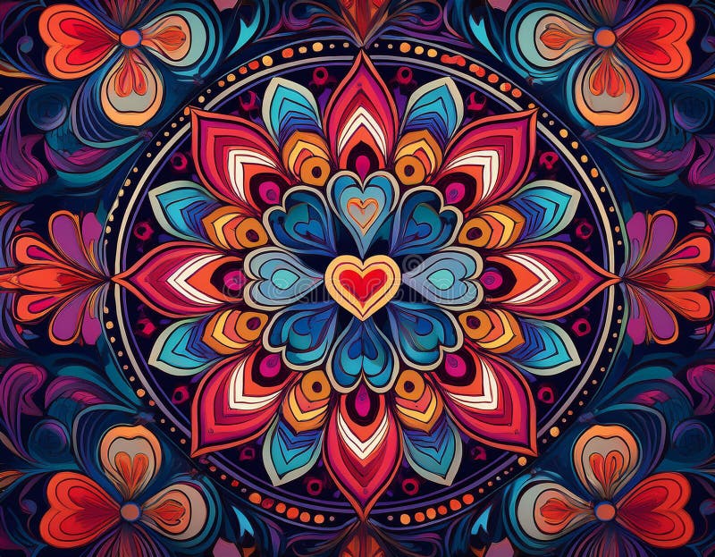 Radiating Heart Mandalas Pattern Design Stock Image - Image of fabric ...