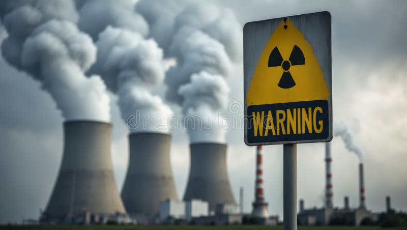 Nuclear Power Plant with Radiation Warning Sign and Smoke Emissions in ...