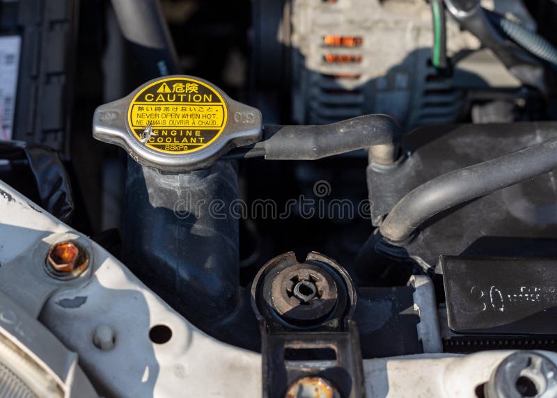 Radiator Cap with Warning Label of a Car Stock Image - Image of ...
