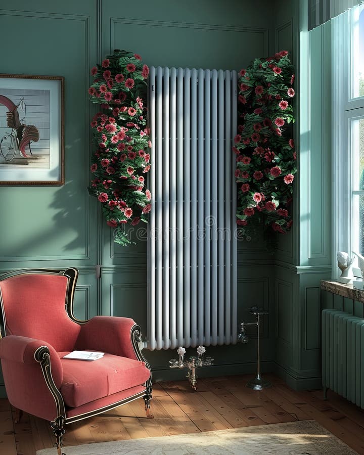 Radiator Column Painted White with Flowers Stock Image - Image of ...