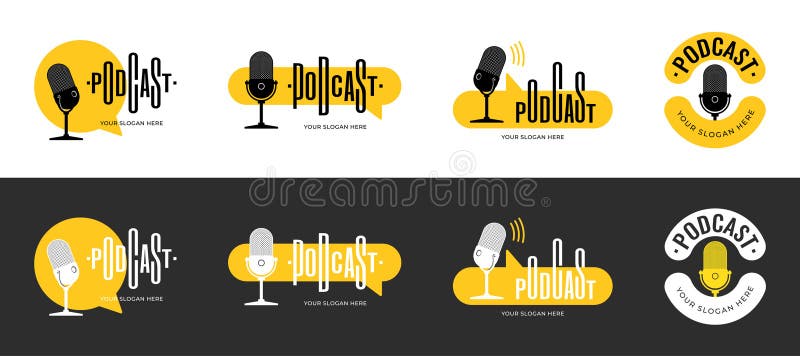 Radio Broadcast Studio Logo Set. Microphone with Podcast Inscription ...