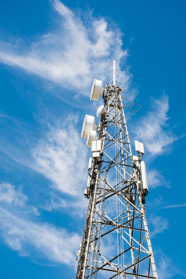Radio, Communication and Cell Tower on Blue Sky Background Stock Photo ...