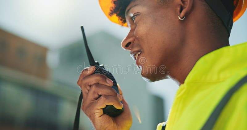 Radio, Construction and Man Talking in City for Communication, Contact ...