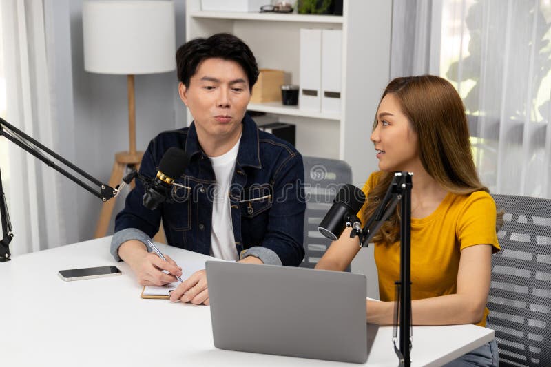 Radio Host with Channel Social Media Live Streaming on Script Note ...