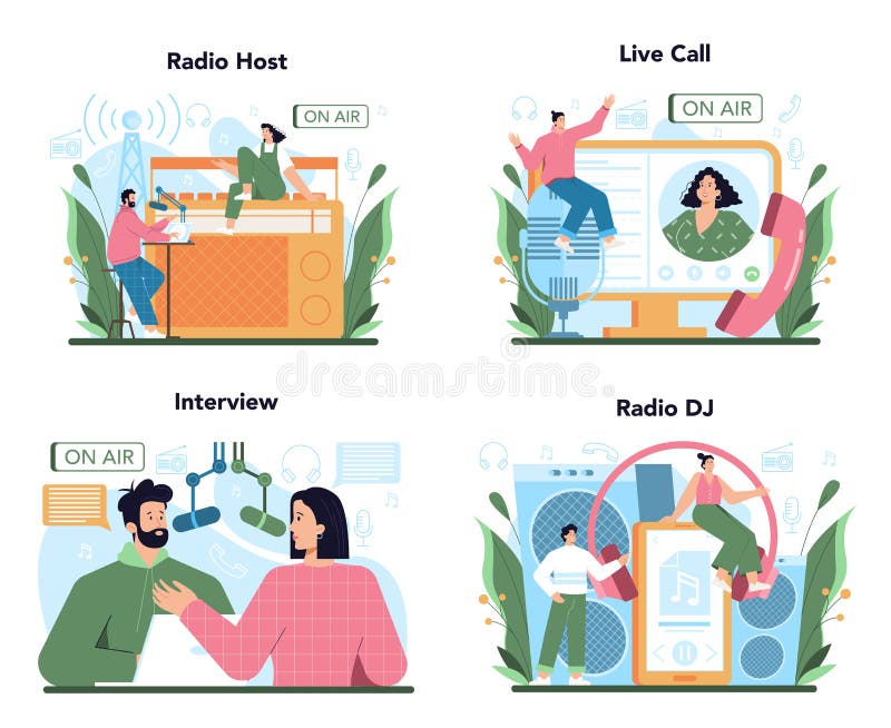 Radio Host Concept Set. Idea of News Broadcast in the Studio Stock ...