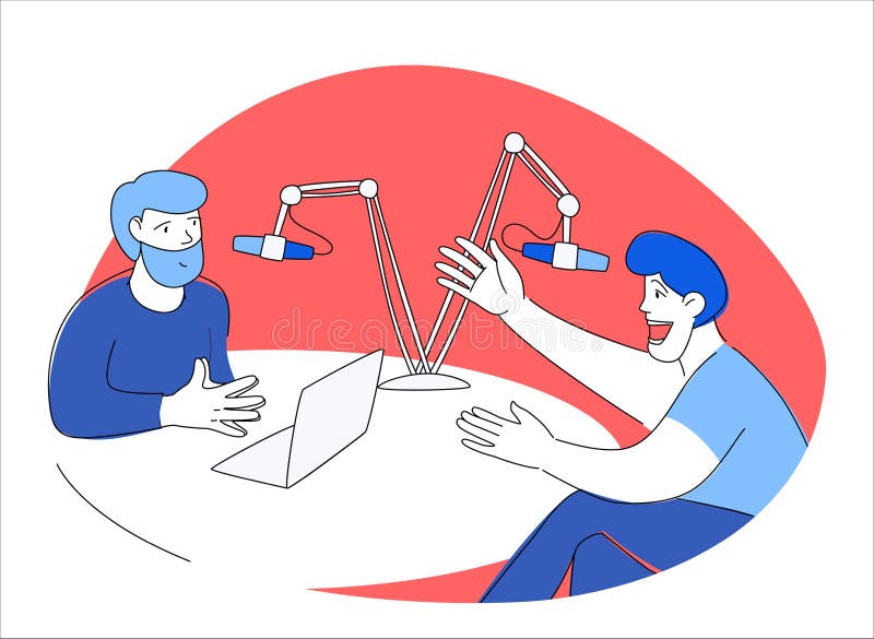 Radio Host with Table Flat Vector Illustration. Media Hosting Doodle ...