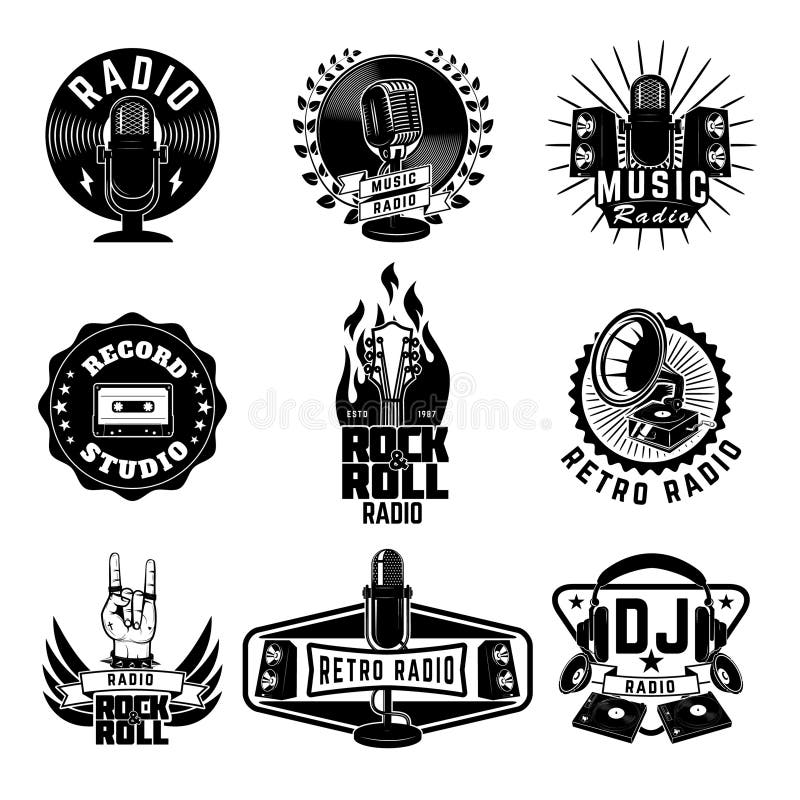 Radio Labels. Retro Radio, Record Studio, Rock and Roll Radio Emblems ...