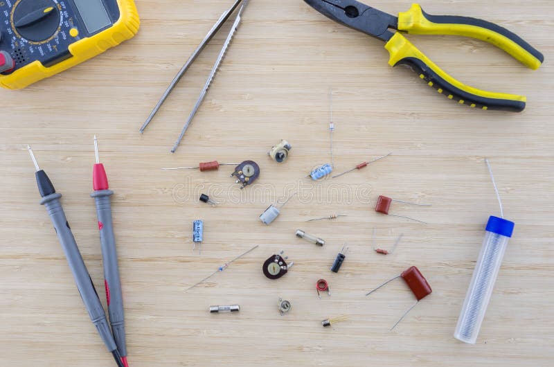 The Radio Parts and Tools on the Wooden Table. Stock Image - Image of ...