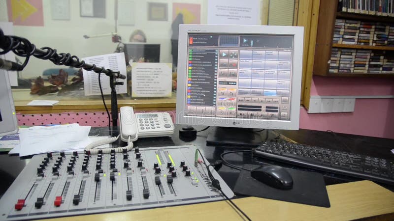 Radio Station. Professional Multitrack Mixing Console, Computer and ...