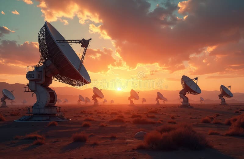 Radio Telescope Array at Sunset. Large Satellite Dishes, Antennas Stock ...