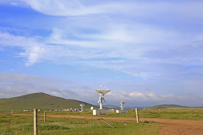 Radio Telescope Observatory and the Blue Sky White Clouds Stock Photo ...