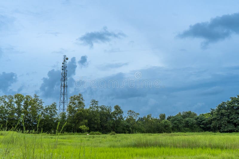 Radio Tower in a Beautiful Green Field Stock Image - Image of high ...