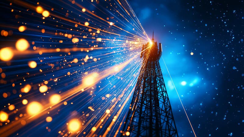 Radio Tower Illuminated by Vibrant Streaks of Light Against Dark Blue ...