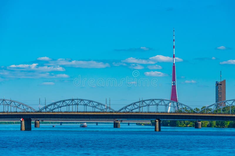 Radio Tower in Riga Behind a Steel Railway Bridge, Latvia Stock Photo ...