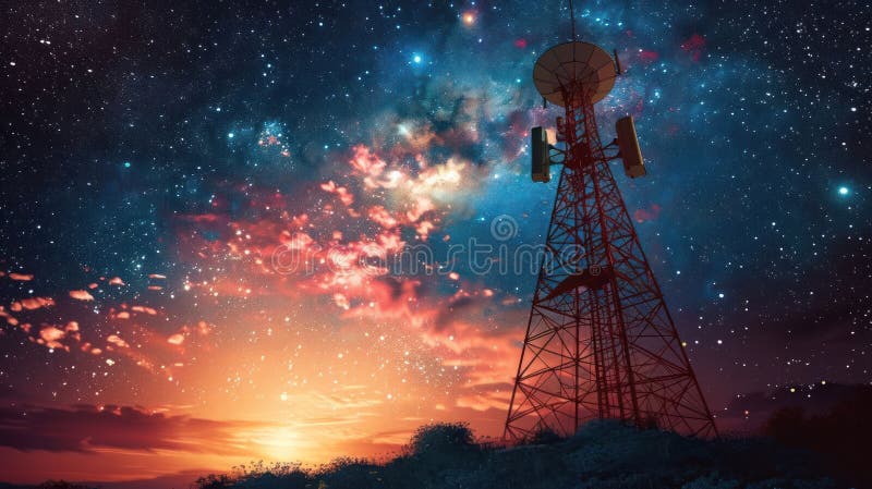 A Radio Tower Stands Against a Vibrant Cosmic Backdrop at Sunset Stock ...