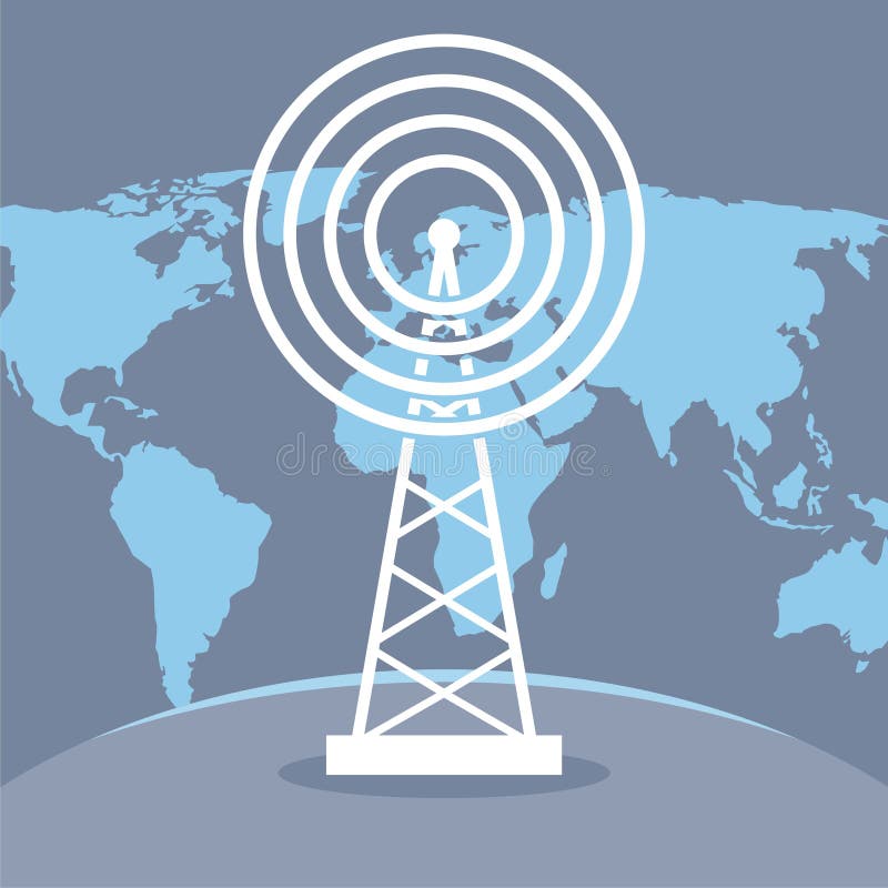Radio Tower Transmitter and World Map Stock Vector - Illustration of ...
