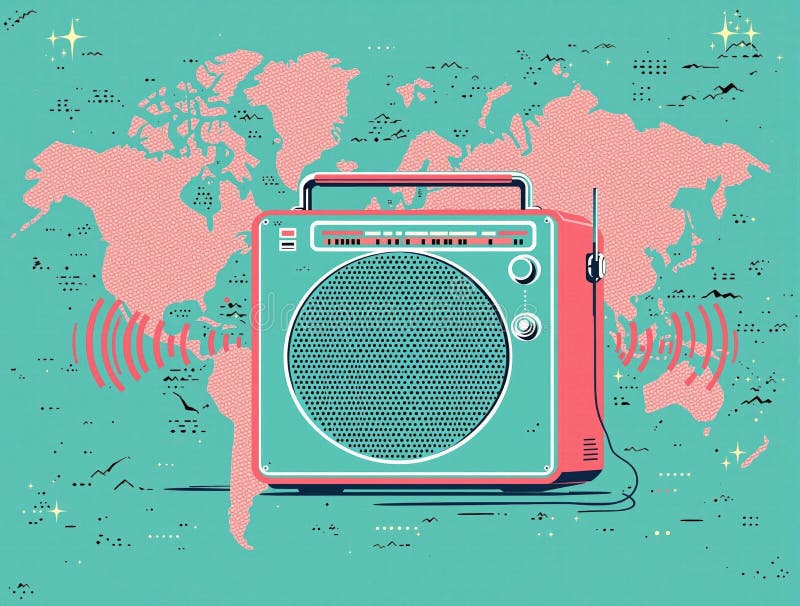 A Radio with a World Map Behind it Stock Illustration - Illustration of ...
